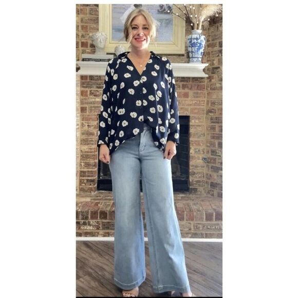 CAbi | Tops | Cabi 575 Go To Button Up Navy Blue Floral Sheer Chiffon ...